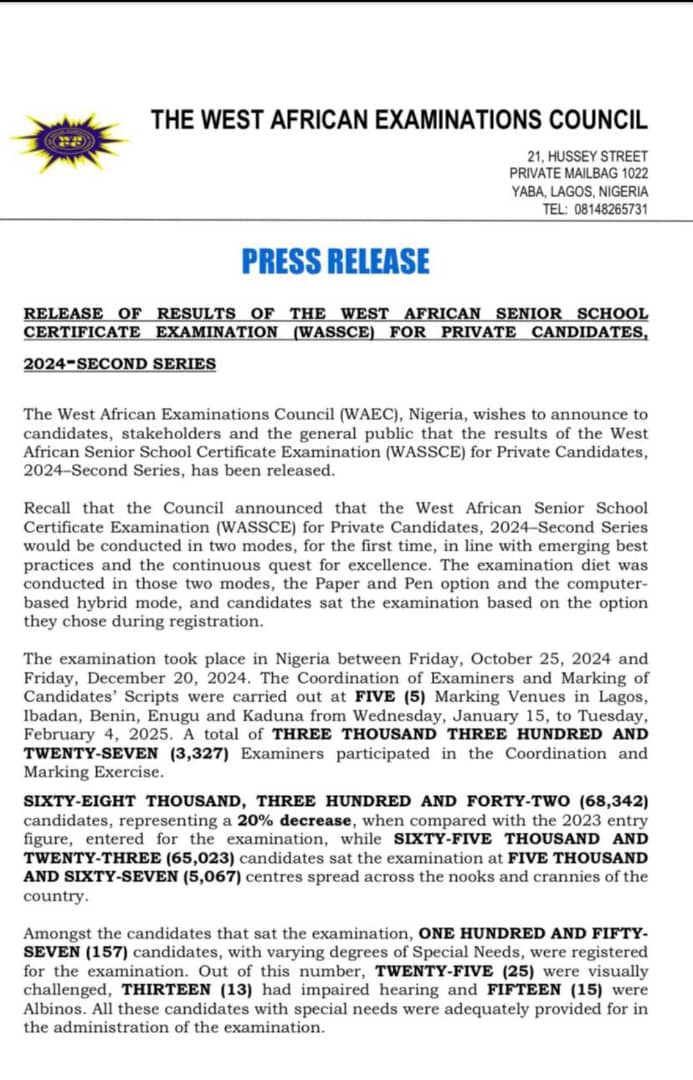 WAEC RELEASES RESULTS OF THE SENIOR SCHOOL CERTIFICATE EXAMINATION ...